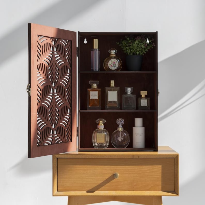 Wall Mounted Perfume Cabinet, Wooden Perfume Storage Shelf, Small Wall ...