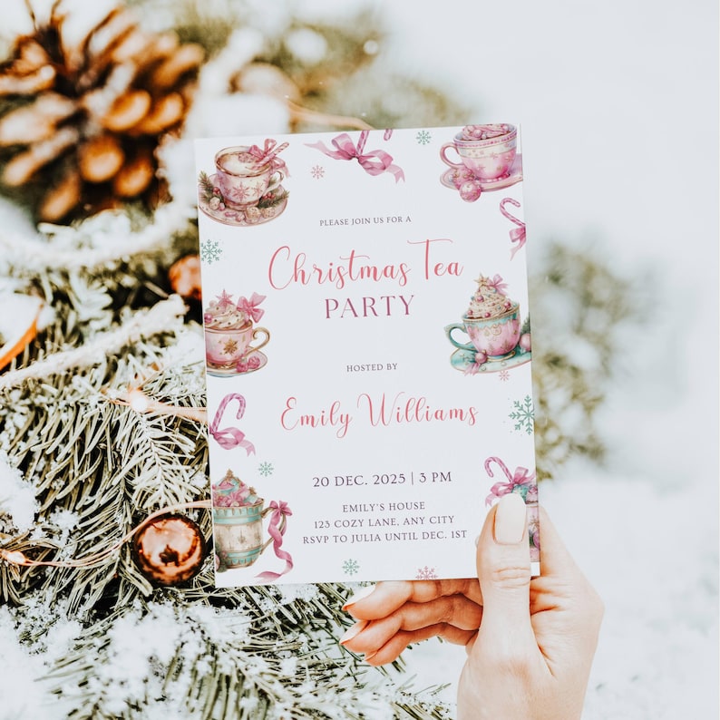 Editable Christmas Tea Party Invitation Template, Pink Holiday Tea ...