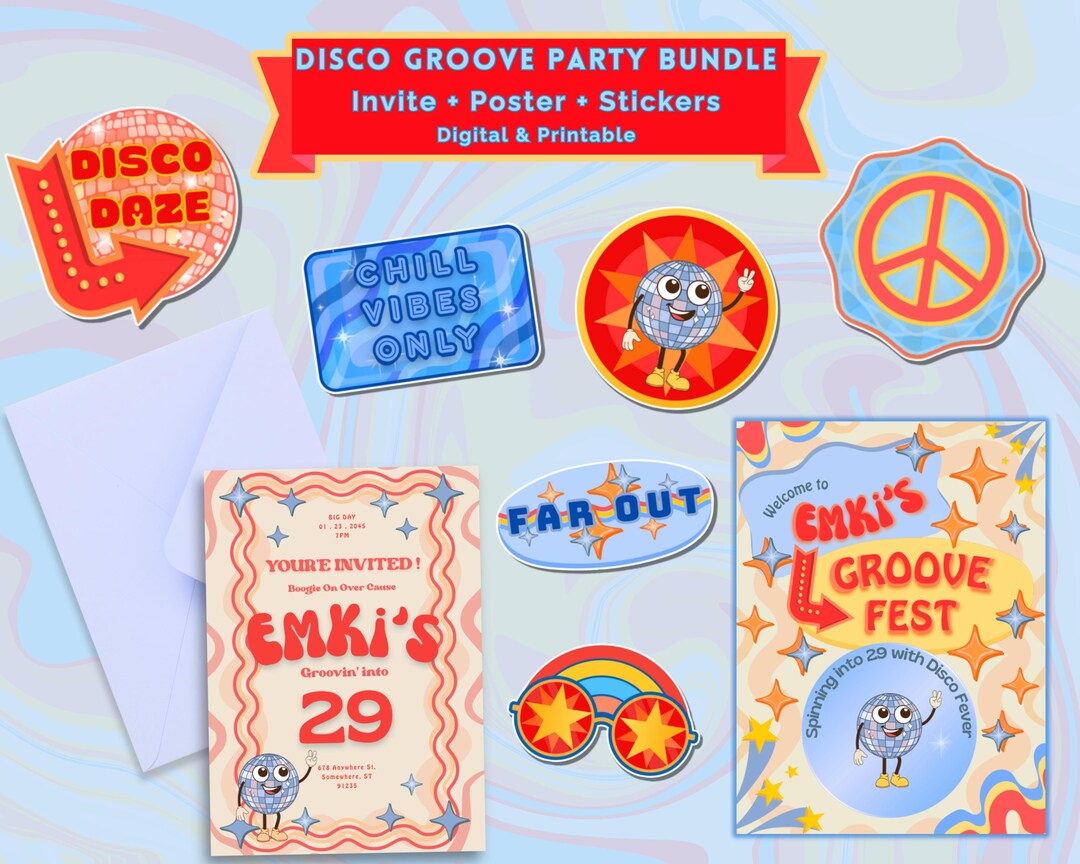 Disco Groove Personalized Party Bundle: Birthday Invitation, Poster ...