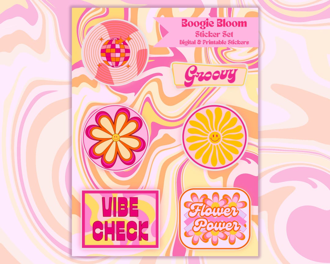 Boogie Bloom Sticker Set: Groovy Flower Power Stickers (PDF & PNG ...