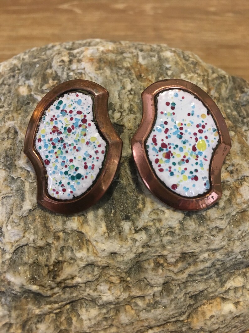 Artisan Mid Century Enamel on Cooper Clip Earrings - Etsy