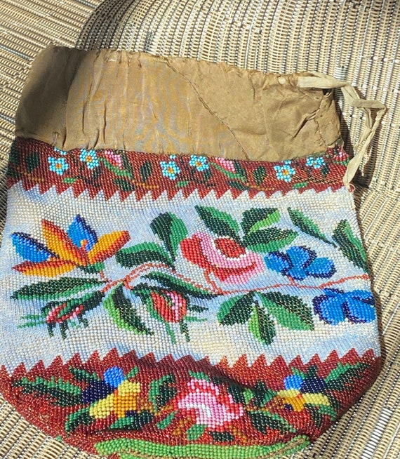 Antique Micro Beaded Drawstring Reticule Bag - Gem