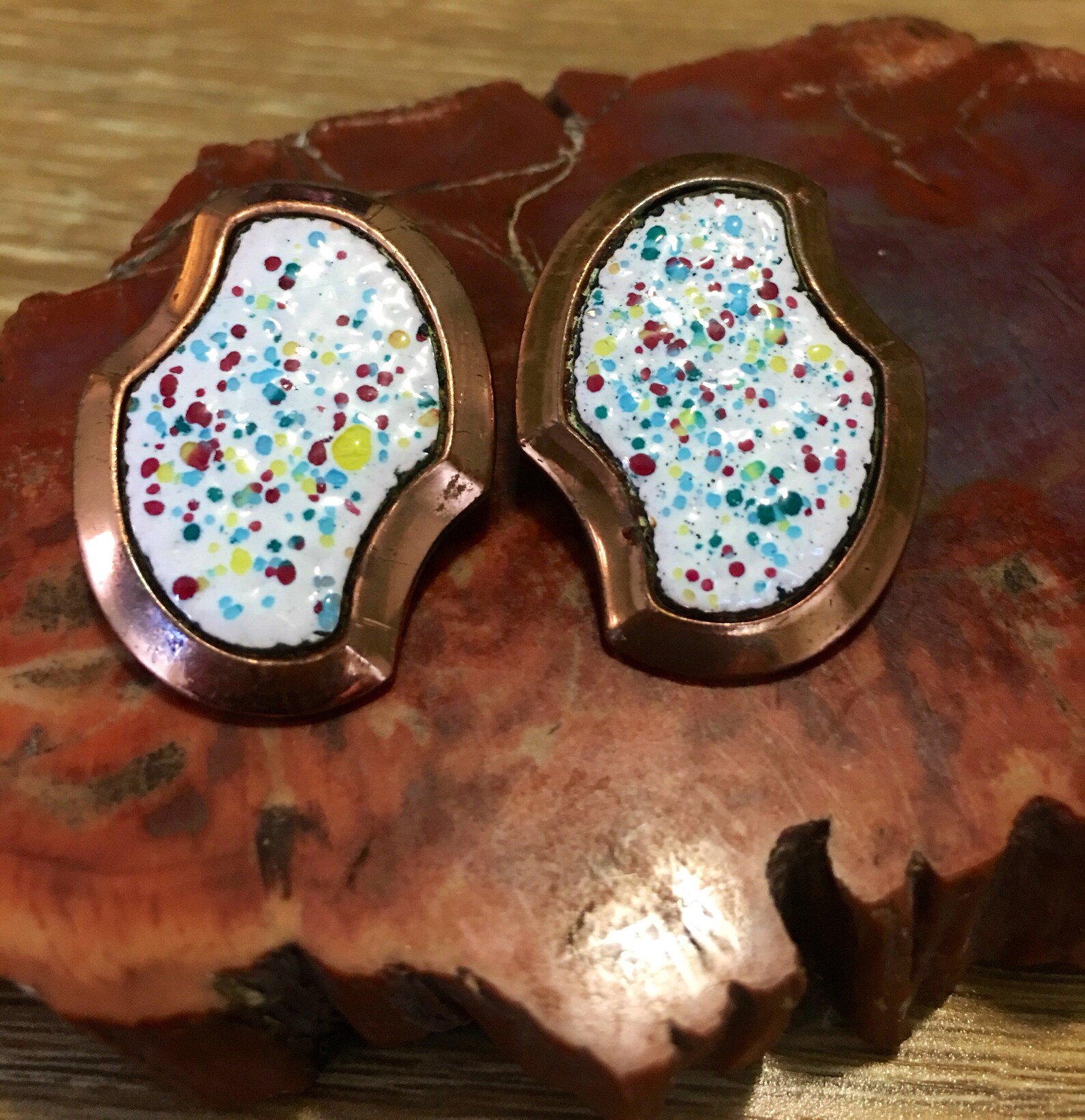 Artisan Mid Century Enamel on Cooper Clip Earrings - Etsy