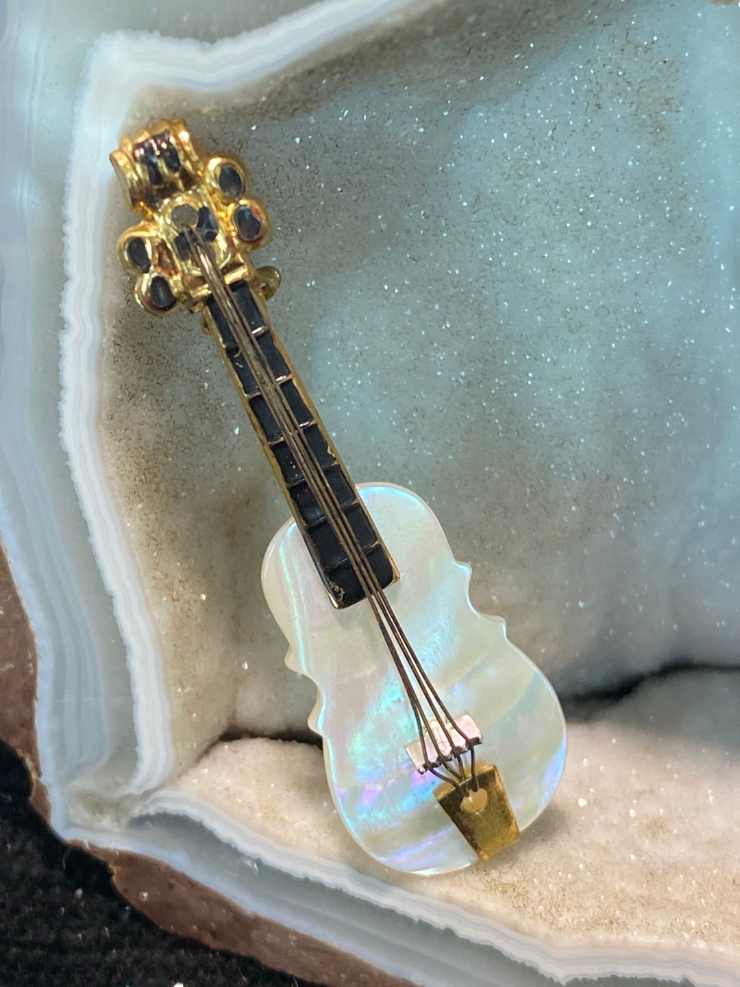 Vtg Mother of Pearl Violin Guitar Brooch German - Etsy
