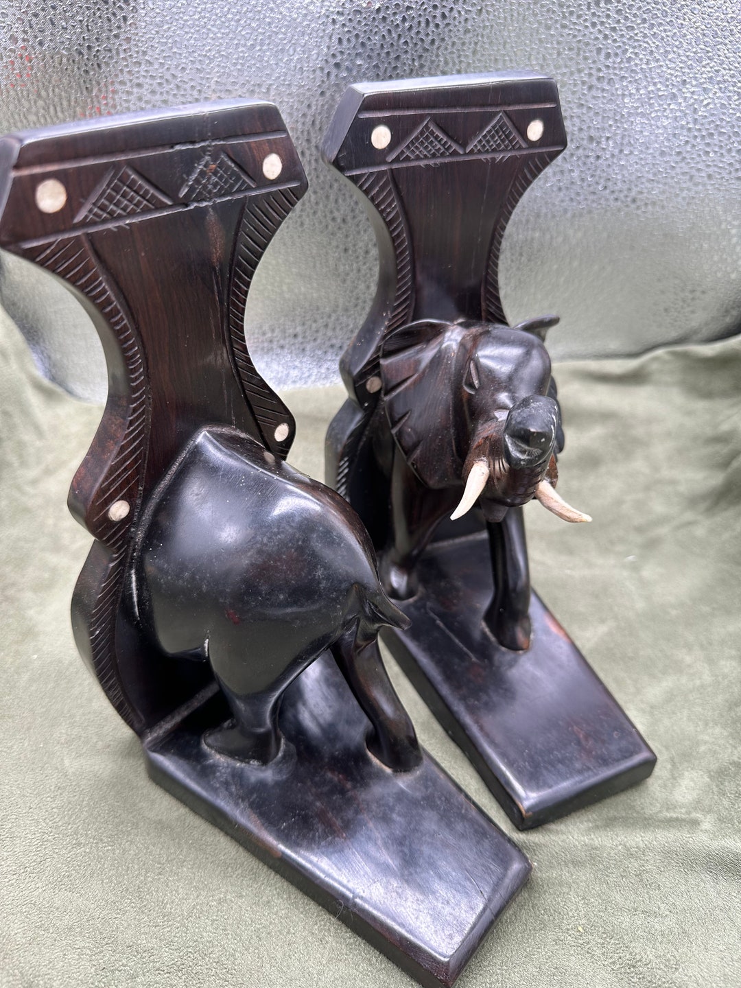 Pair Carved Ebony Elephant Bookends With Ceylon Island Inlay Decoration ...
