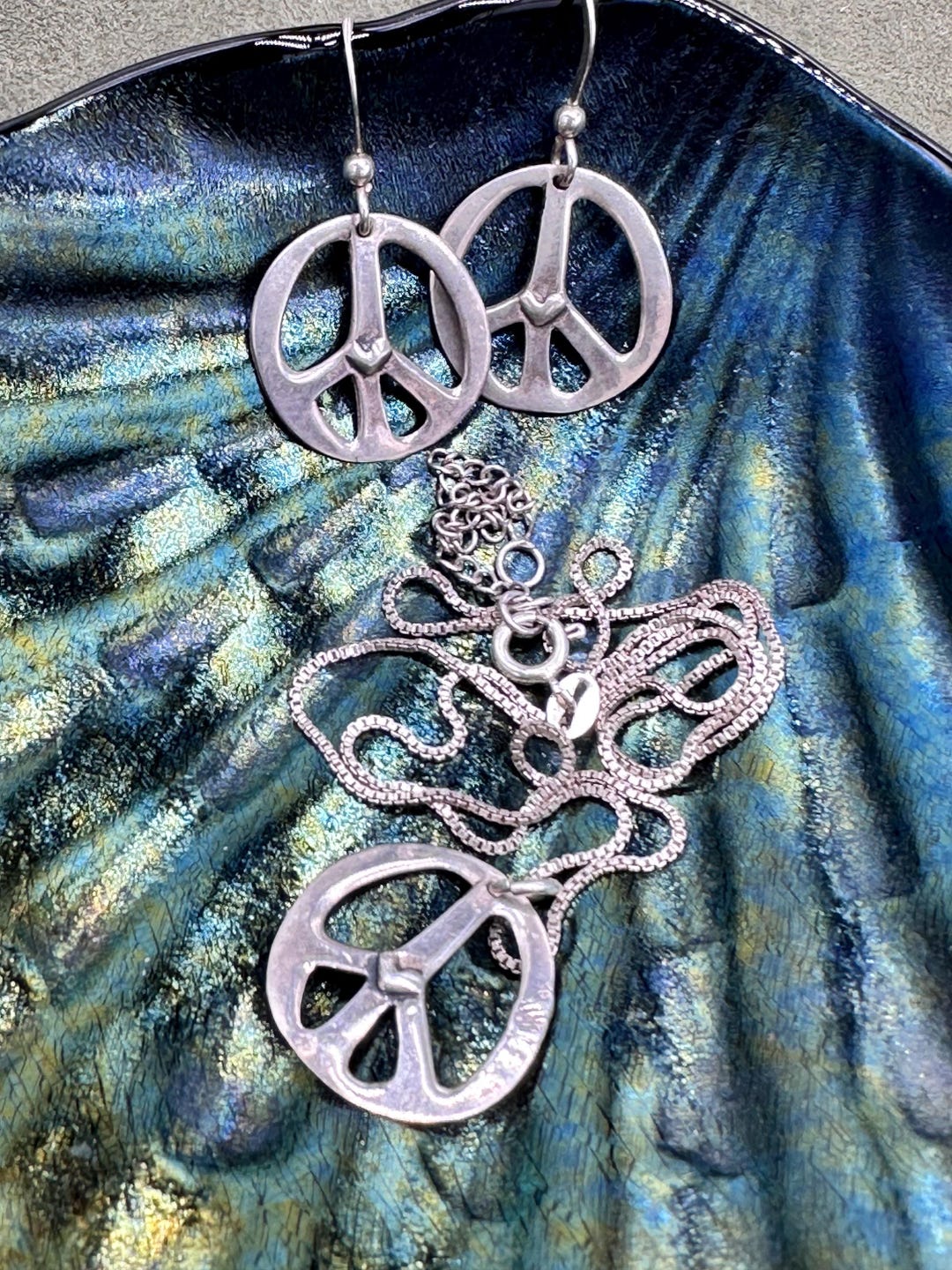Sterling Silver Peace Sign Necklace and M Pierced Earrings - Etsy