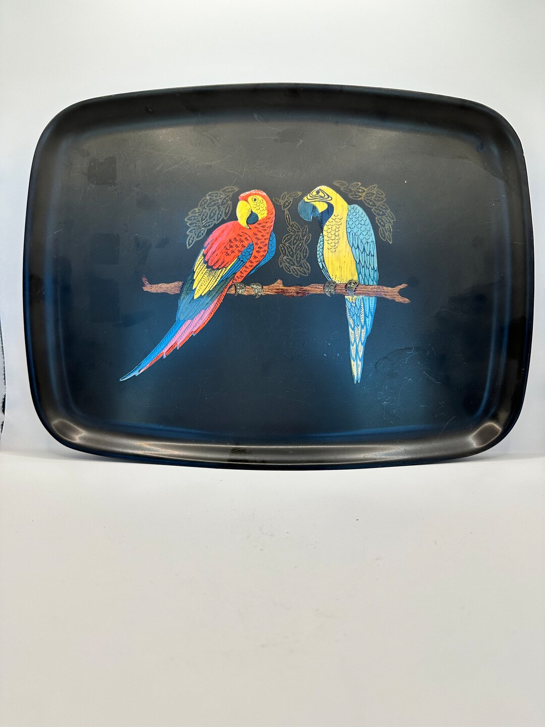 Medium Couroc 12” Tray With Two Tropical Macaw Parrot Birds Mid Century ...