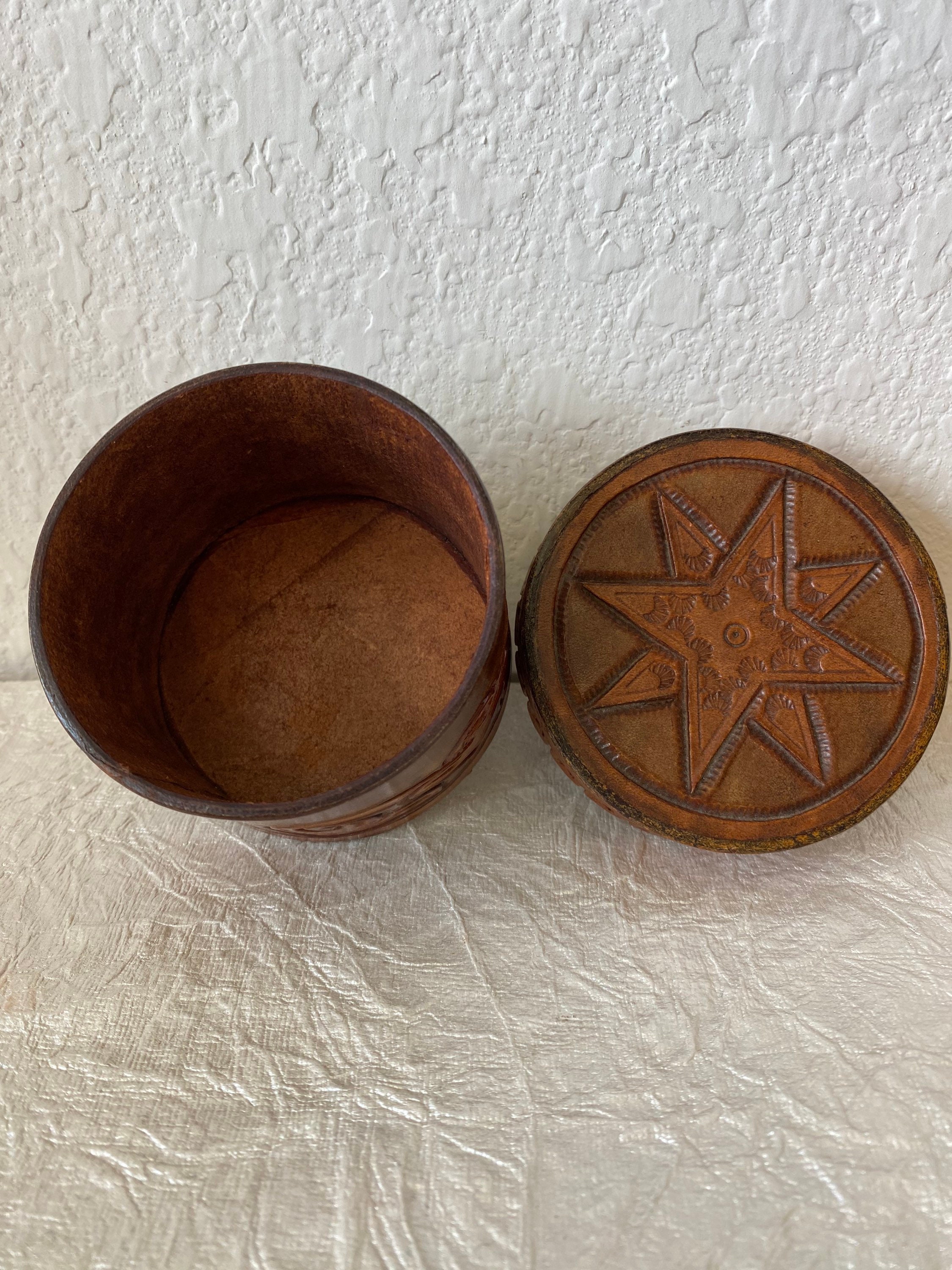 Hand Tooled Leather Round Box - Etsy