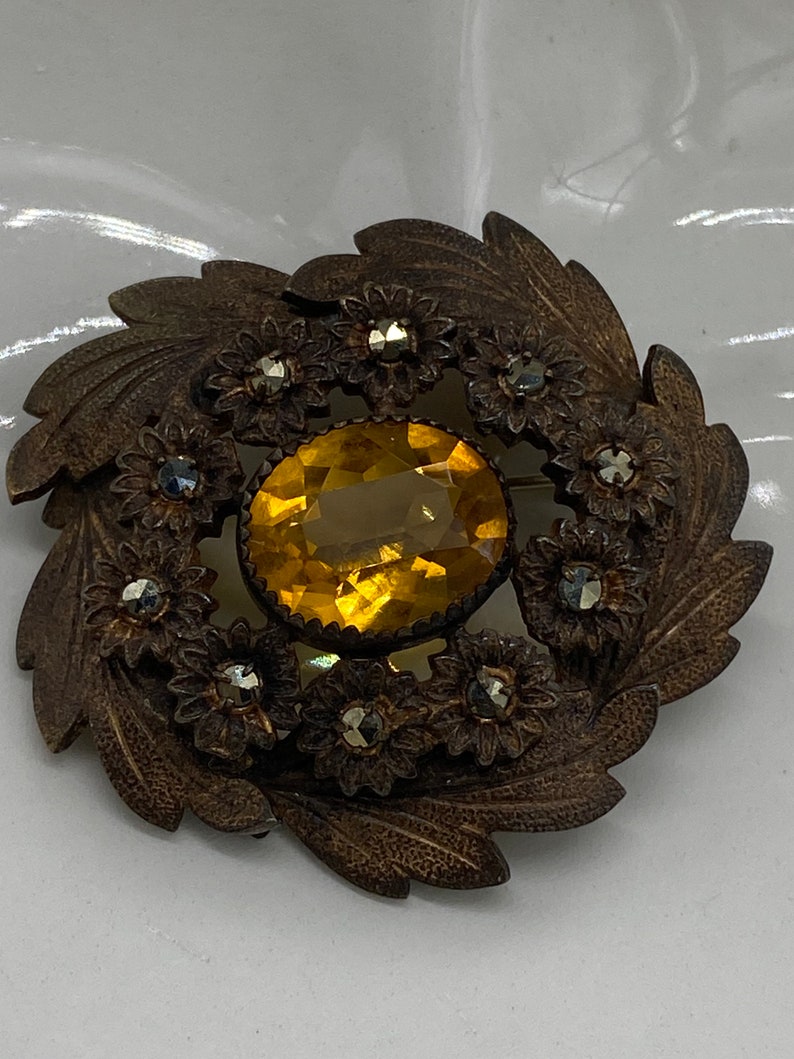 Nice Antique Bronze Topaz and Marcasite Brooch - Etsy