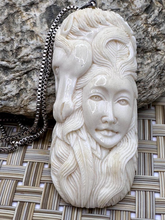 Hand Carved Indian Girl and Horse Bone Pendant on a 1… - Gem