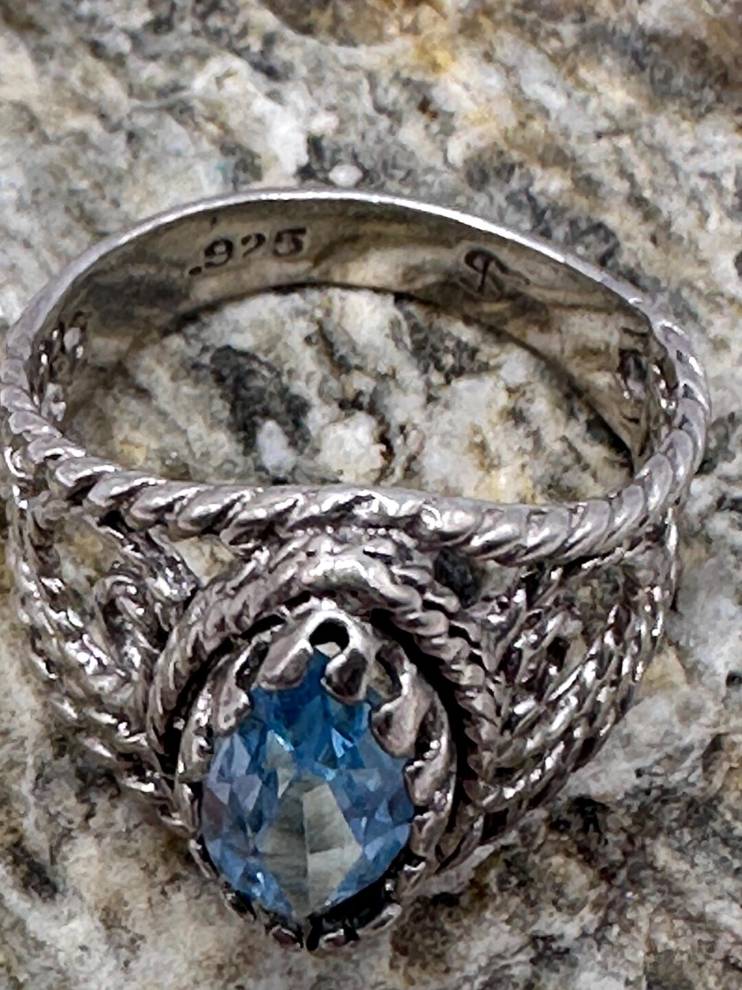 Avon 925 RL Sterling Silver Topaz Ring, Victorian Revival Sterling Silver Filagree Ring, Blue ...