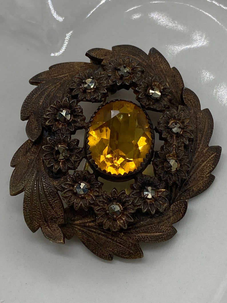 Nice Antique Bronze Topaz and Marcasite Brooch - Etsy