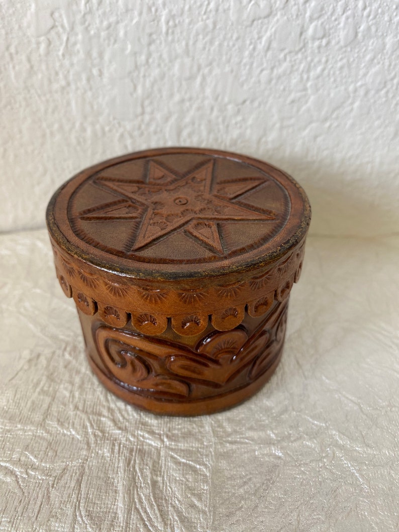 Hand Tooled Leather Round Box - Etsy