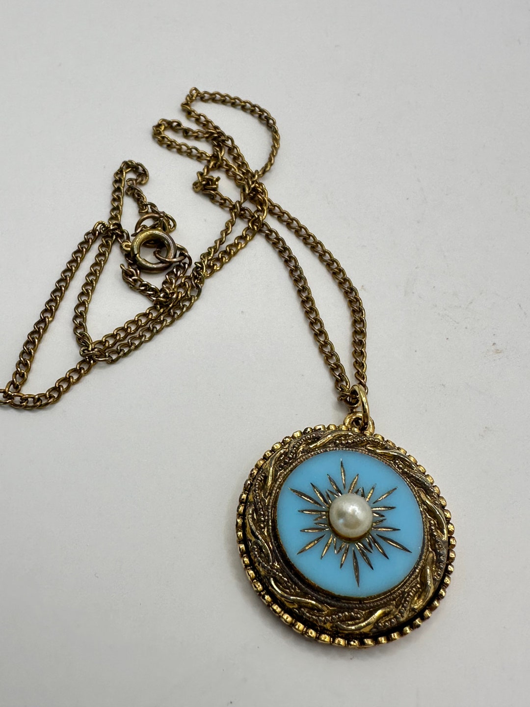 Vintage Sphinx Necklace – Gold Tone Turquoise Glass Pendant - Victorian ...