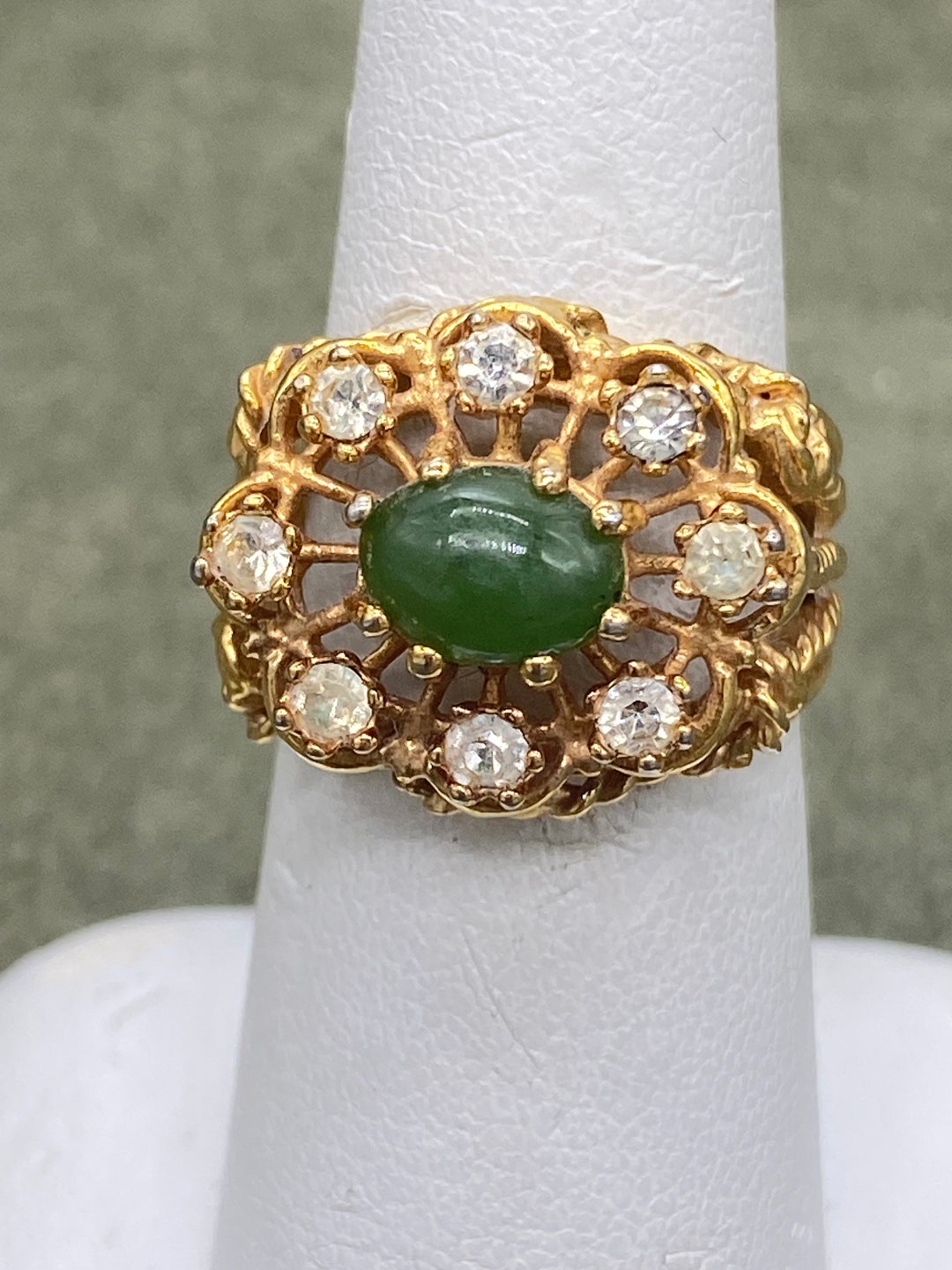 Gold Jade and Rhinestone Cocktail Ring - Etsy