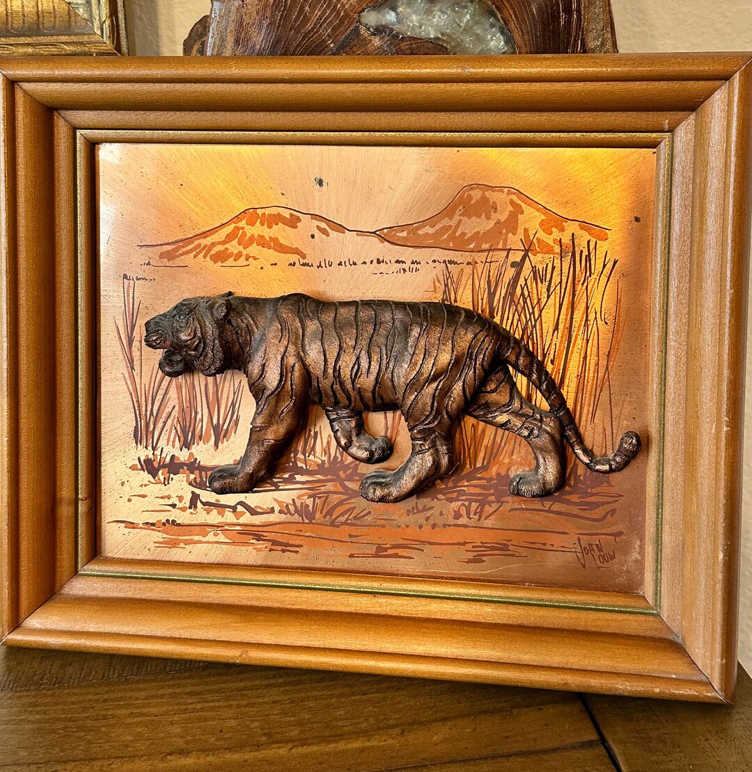 Vintage John Louw Framed Copper Raised Relief 3-D Tiger in Action - Etsy
