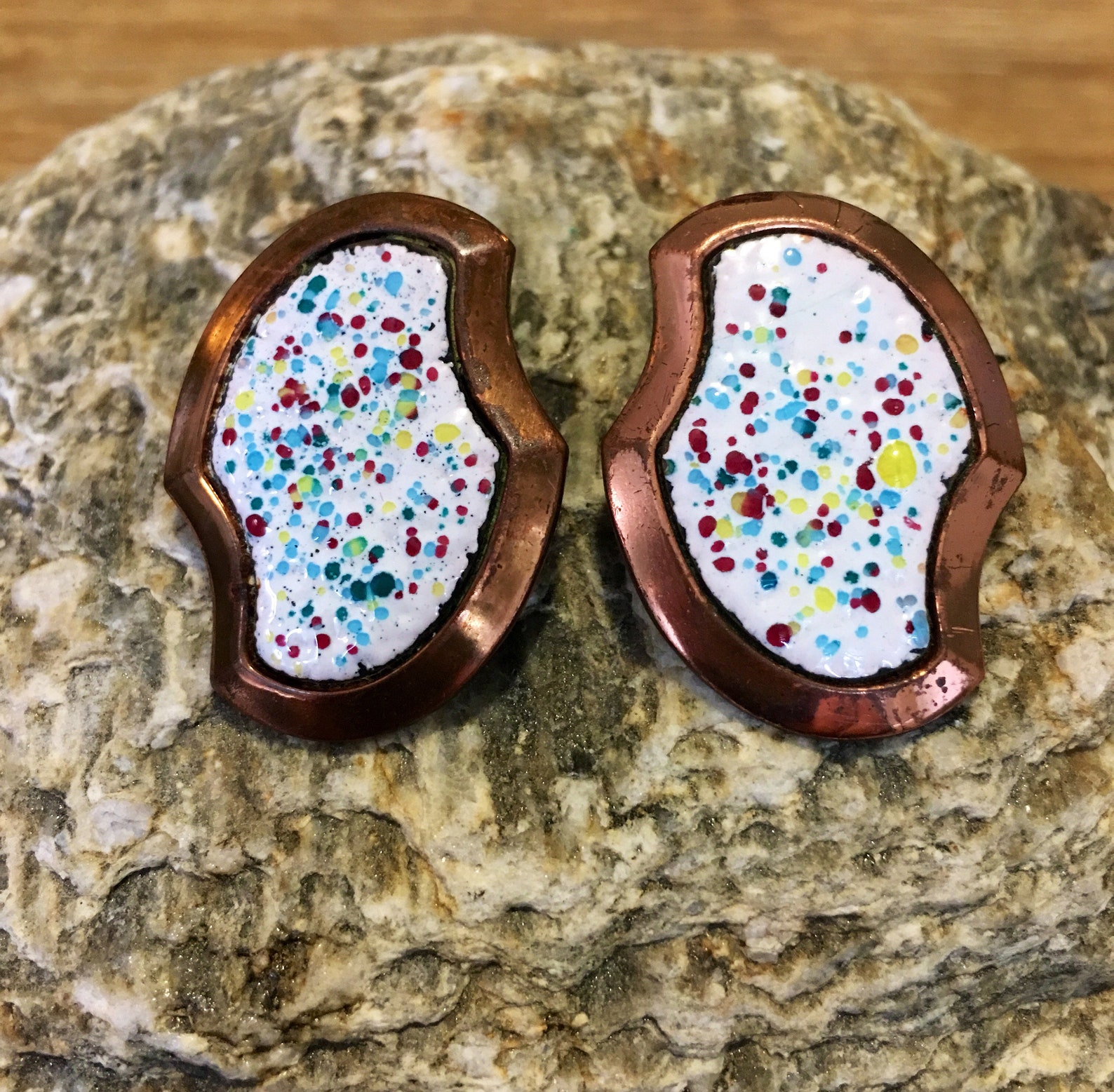 Artisan Mid Century Enamel on Cooper Clip Earrings - Etsy
