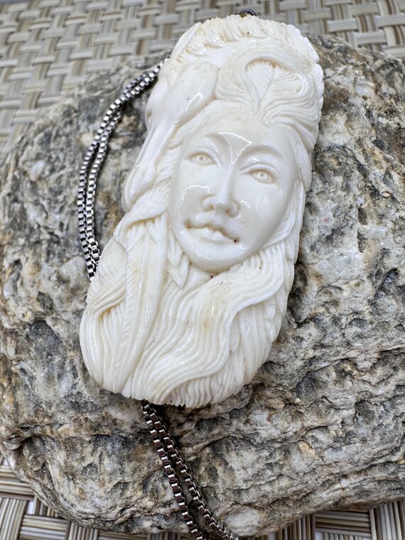 Hand Carved Indian Girl and Horse Bone Pendant on a 1… - Gem