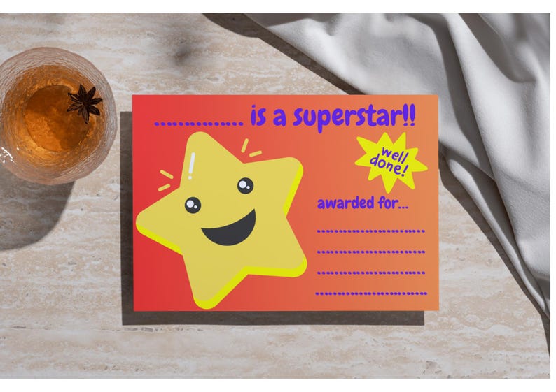 Printable “you Are a Superstar!” Kids Reward Certificate | Editable ...