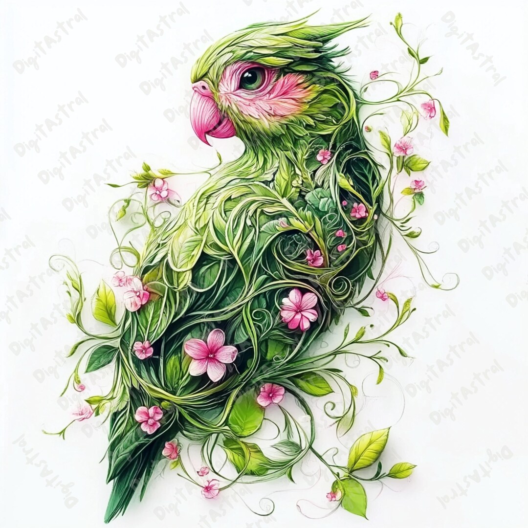 Botanical Parrot Clipart | Mystical Jungle Bird JPG | Floral Parrot ...