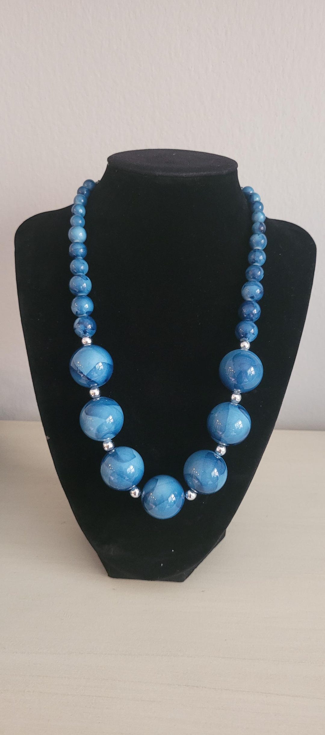 Vintage Blue Beaded Necklace, Multiple Beaded Statement Necklace ...