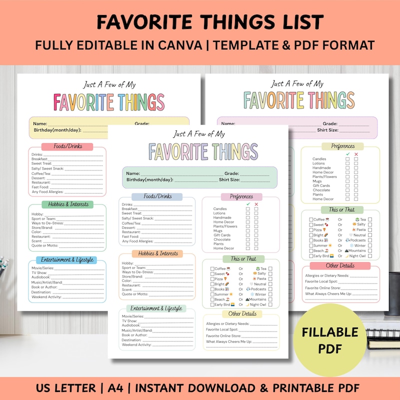 Printable Favorite Things List for Coworkers - Etsy