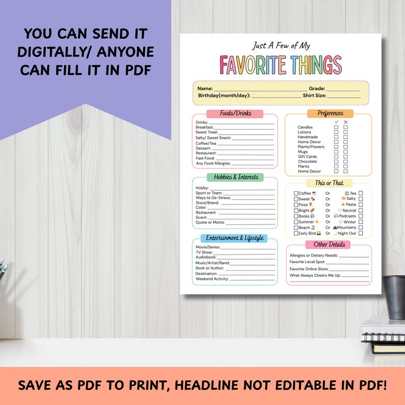 Printable Favorite Things Survey Questionnaire, Employee Favorites List ...