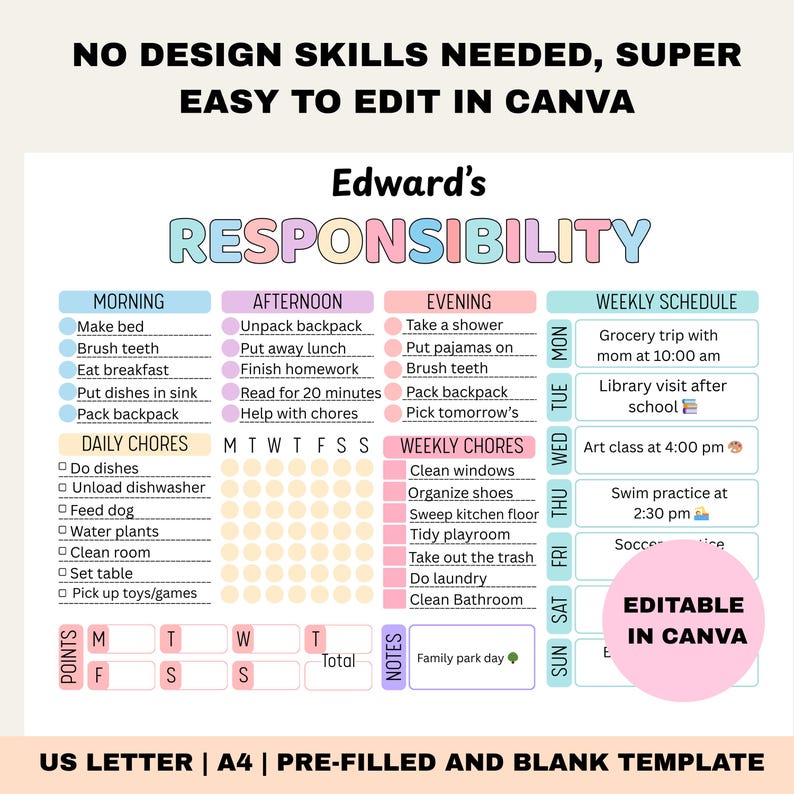 Kids Chore Chart: Editable Responsibility Checklist (fillable PDF ...
