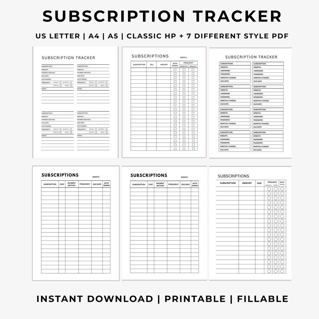 Subscription Tracker Printable: Bill Payment, Recurring Expenses (PDF ...