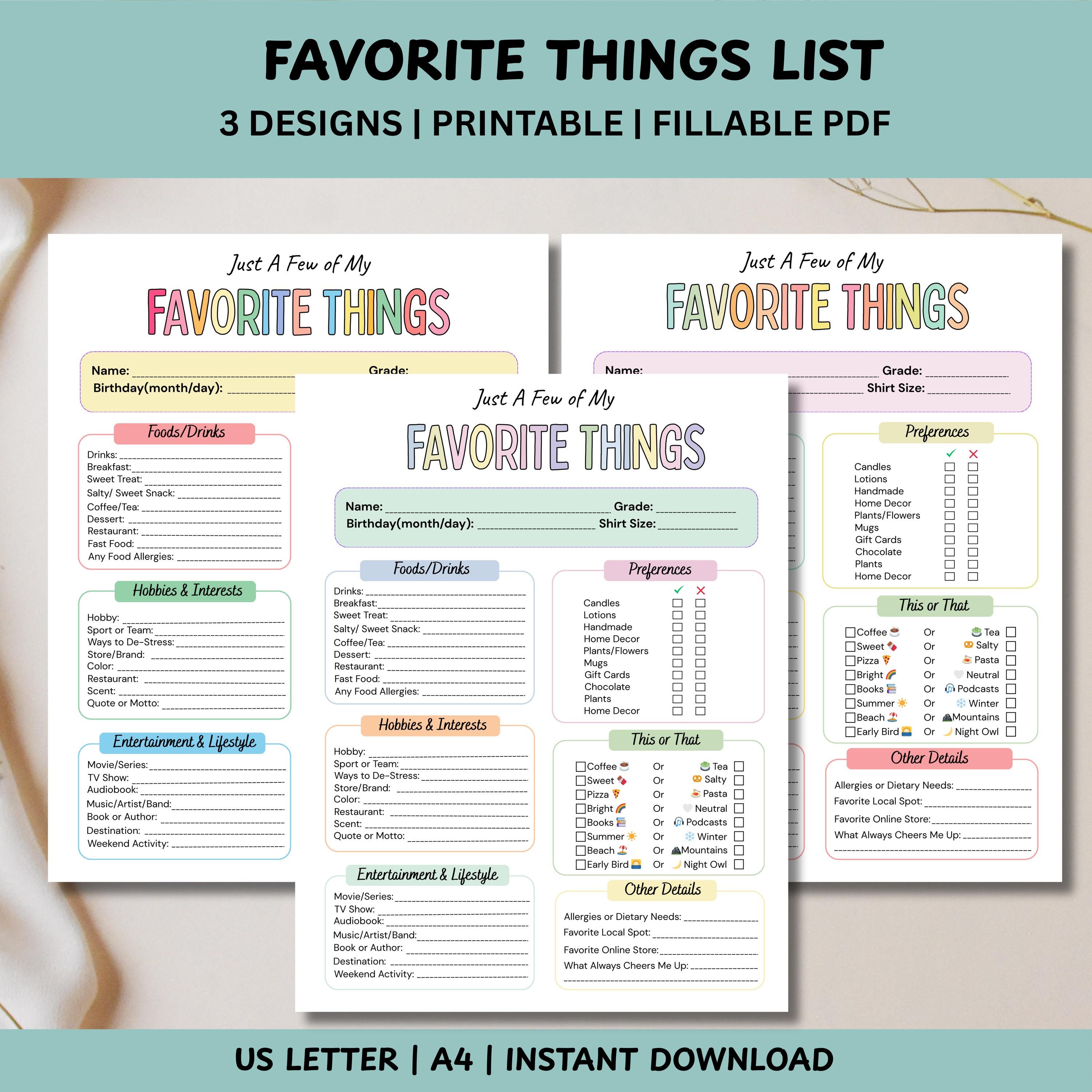 Printable Favorite Things Survey Questionnaire, Employee Favorites List ...