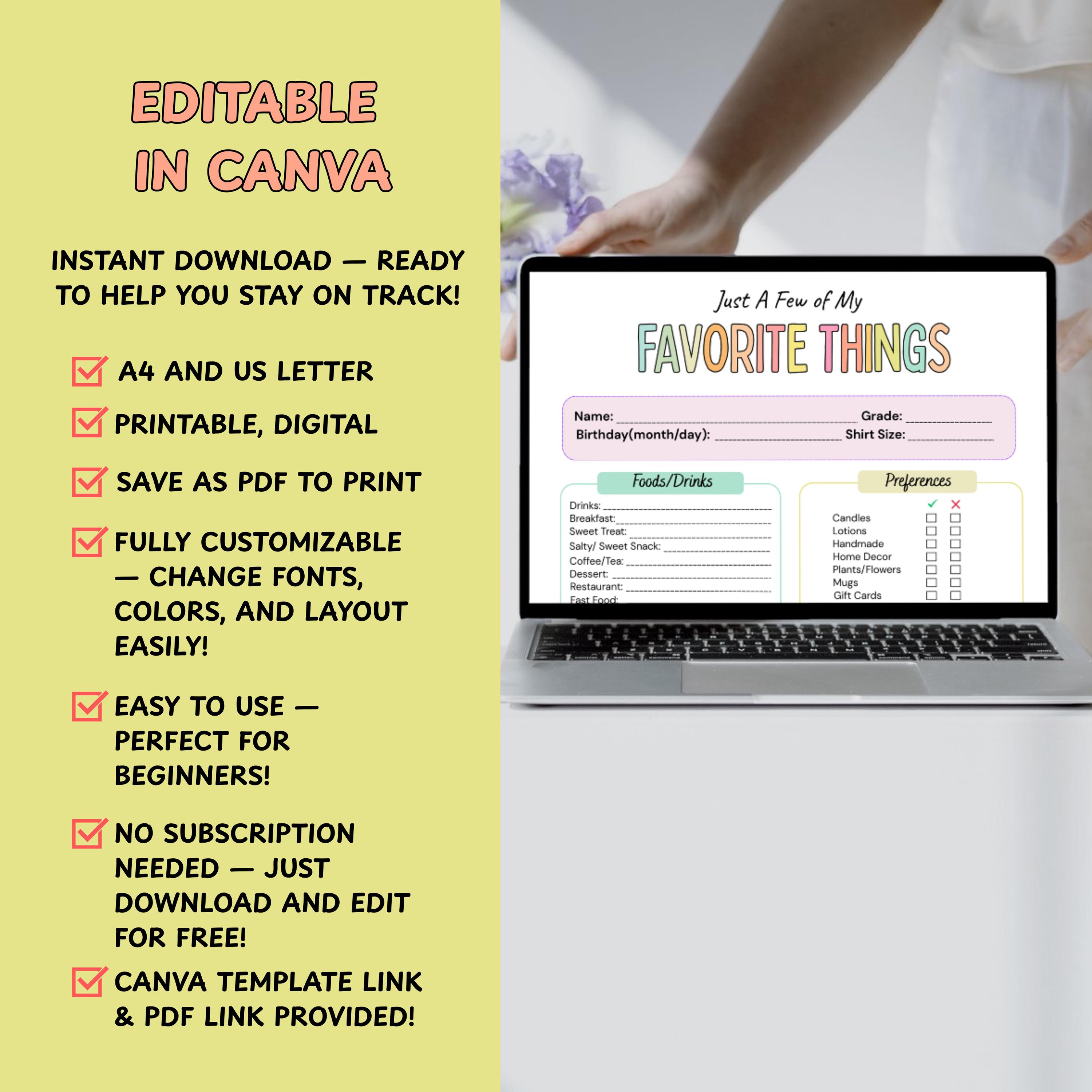 Printable Favorite Things Survey Questionnaire, Employee Favorites List ...