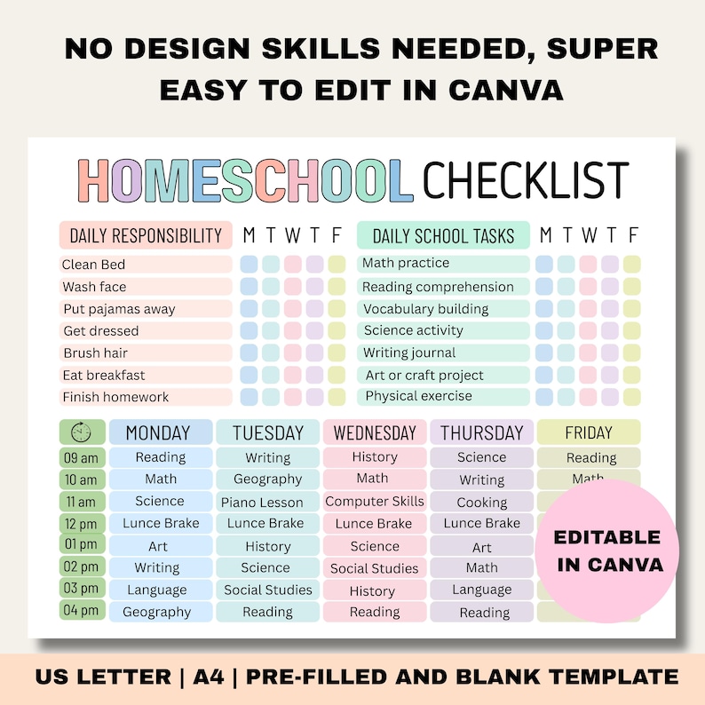 Editable Homeschool Checklist Template, Printable Homeschool Daily ...