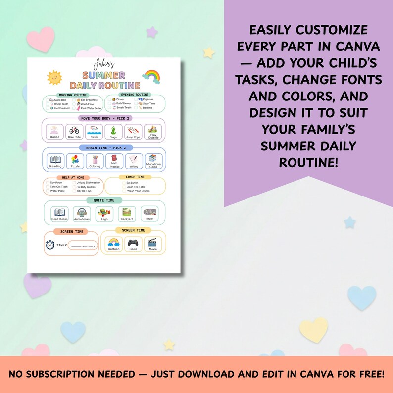 Editable Summer Daily Routine for Kids, Summer Chore Chart, Summer ...