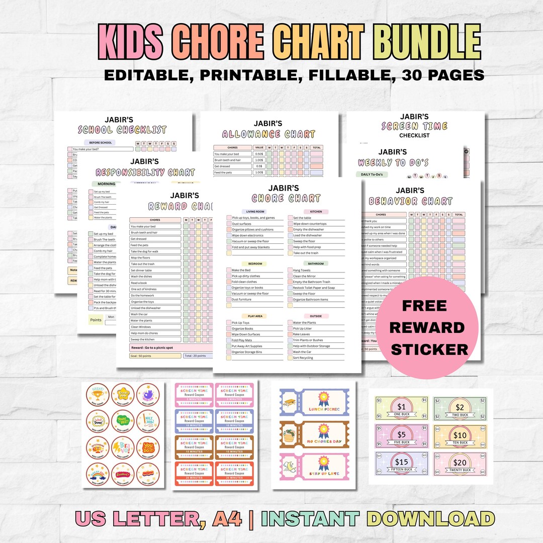 Editable Kids Chore Chart Bundle, Printable Kids Daily Checklist ...