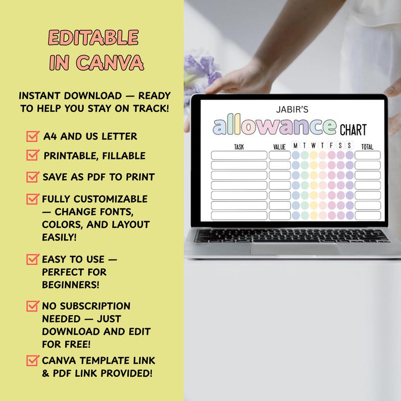 Editable Allowance Chore Chart for Teenager, Tweens, Pre-teens, Kids ...