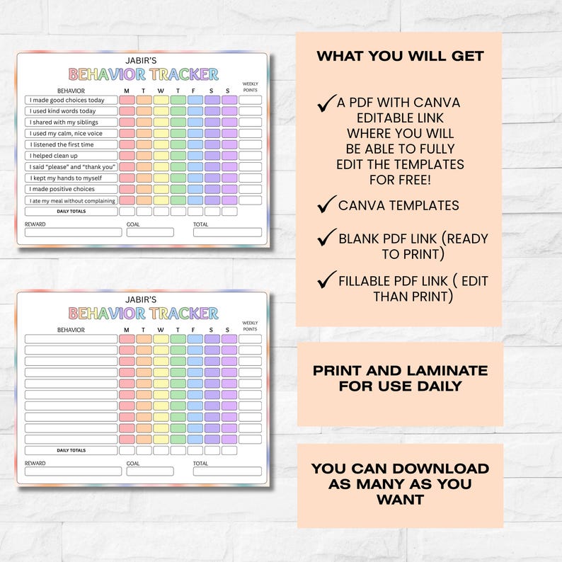Editable Kids Behavior Chart | Reward, Chore & Habit Tracker (PDF) - Etsy