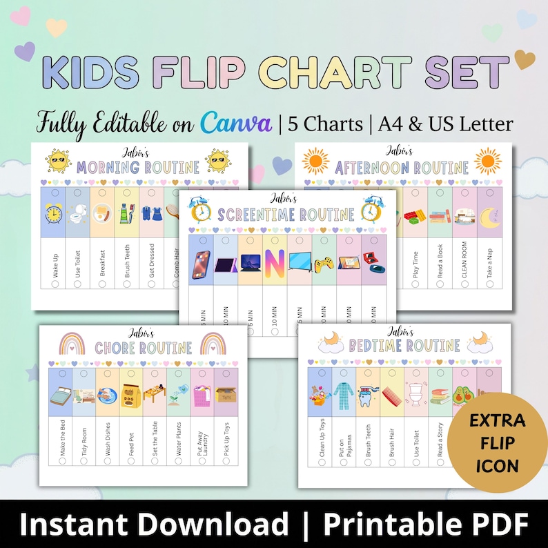Buy Kids Flip Routine Chart Editable, Printable Daily Morning Evening ...