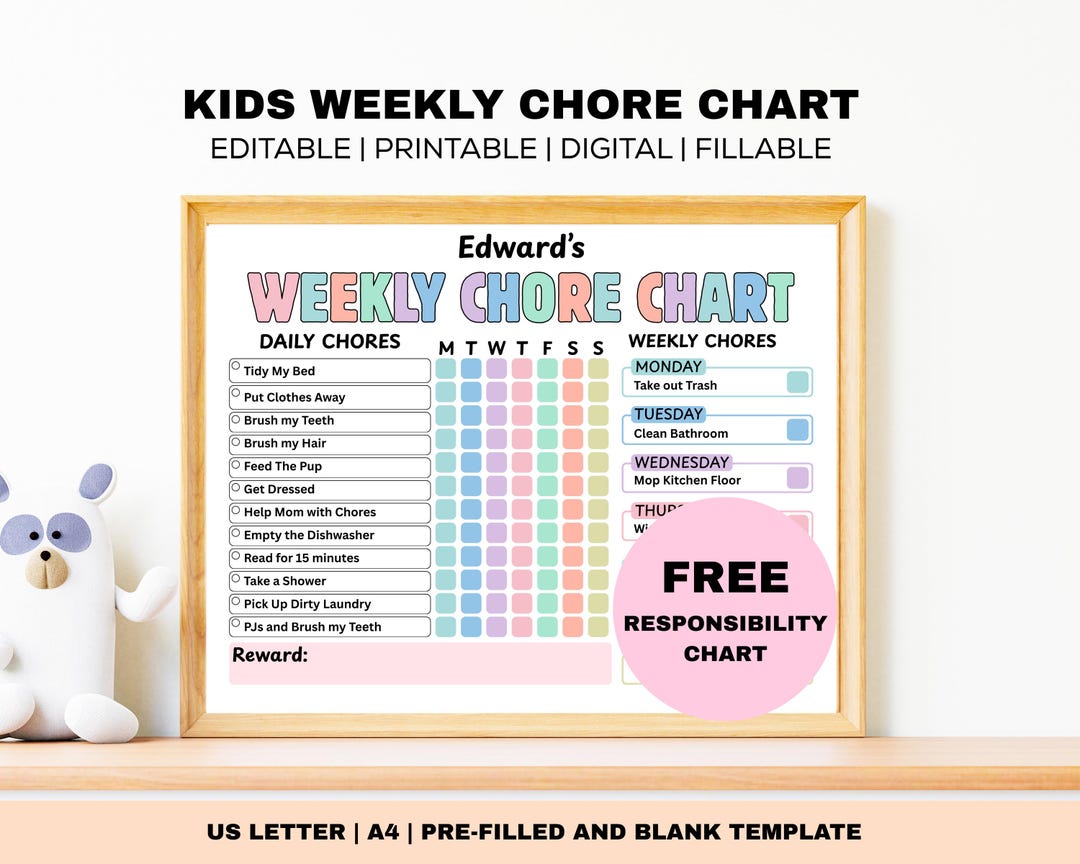 Editable Weekly Chore Chart for Kids | Printable Responsibility Chart ...