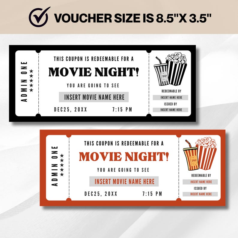 Printable Movie Gift Tickets, Cinema Birthday Party Reveal, Editable ...
