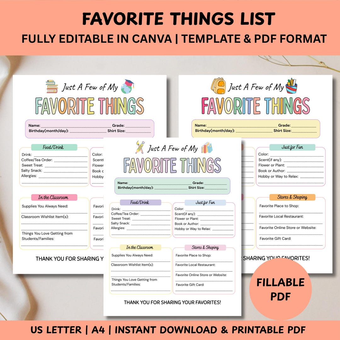 Printable Teacher Favorite Things List, Back to School Gift ...