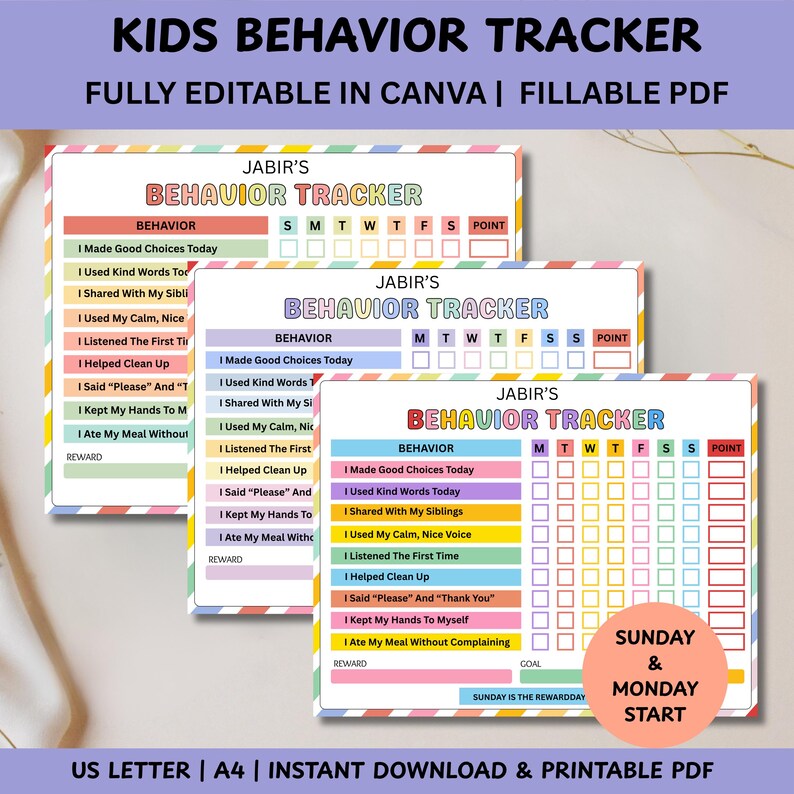 Editable Kids Behavior Chart, Printable Reward System (PDF, Canva) - Etsy