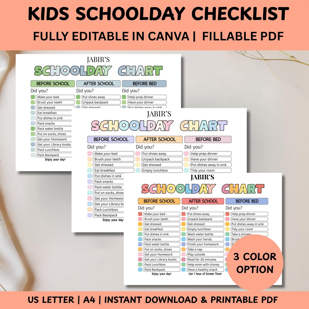 Editable Schoolday Checklist for Kids, Printable Kids Chore ...