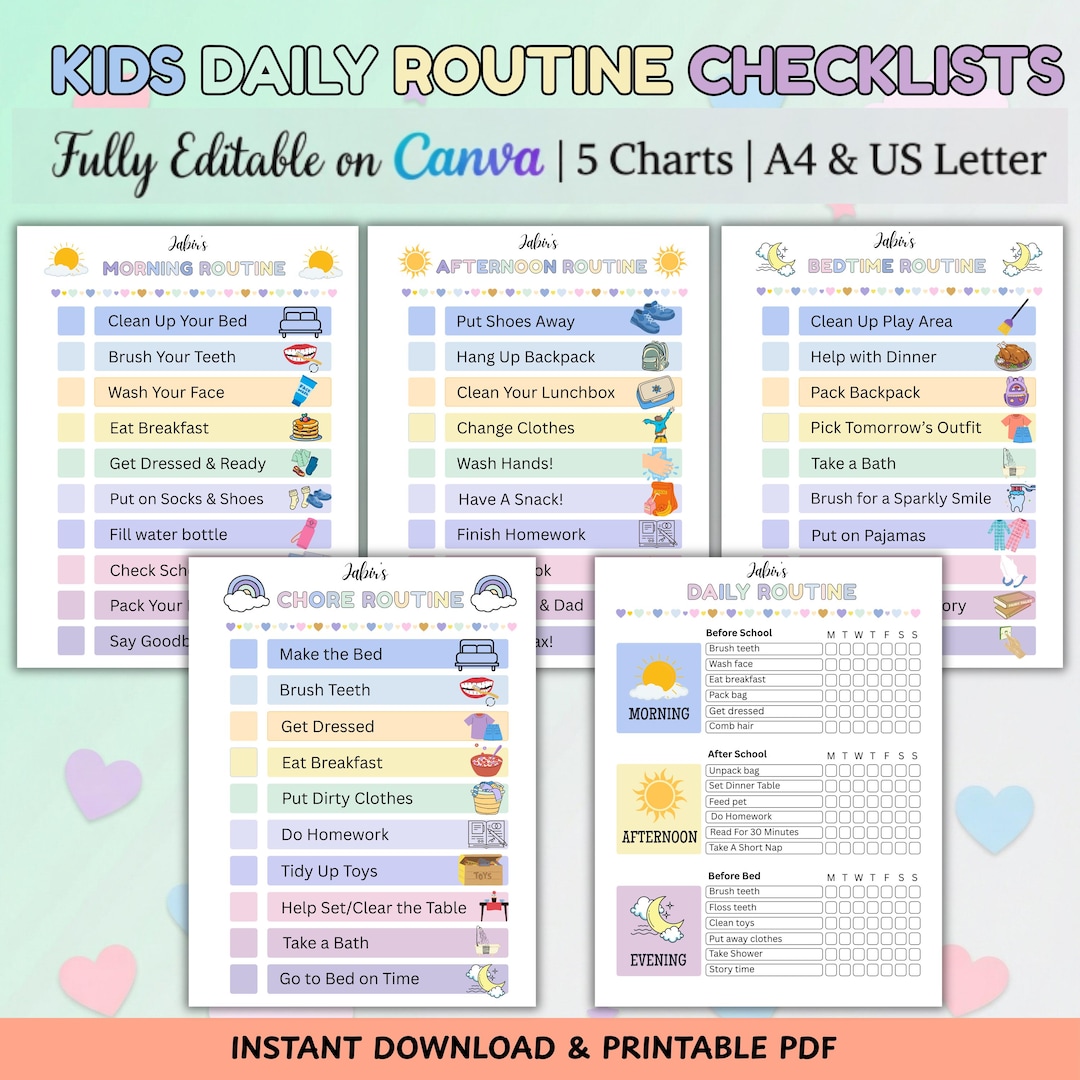 Editable Daily Checklist for Kids, Printable Morning Evening Bedtime ...
