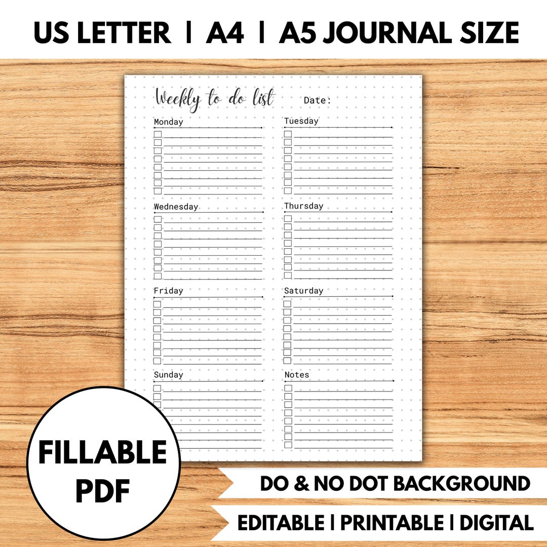 Weekly to Do List, Printable Journal & Planner Page, Weekly Check List ...