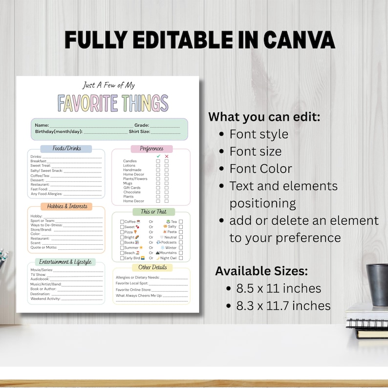 Printable Favorite Things Survey Questionnaire, Employee Favorites List ...
