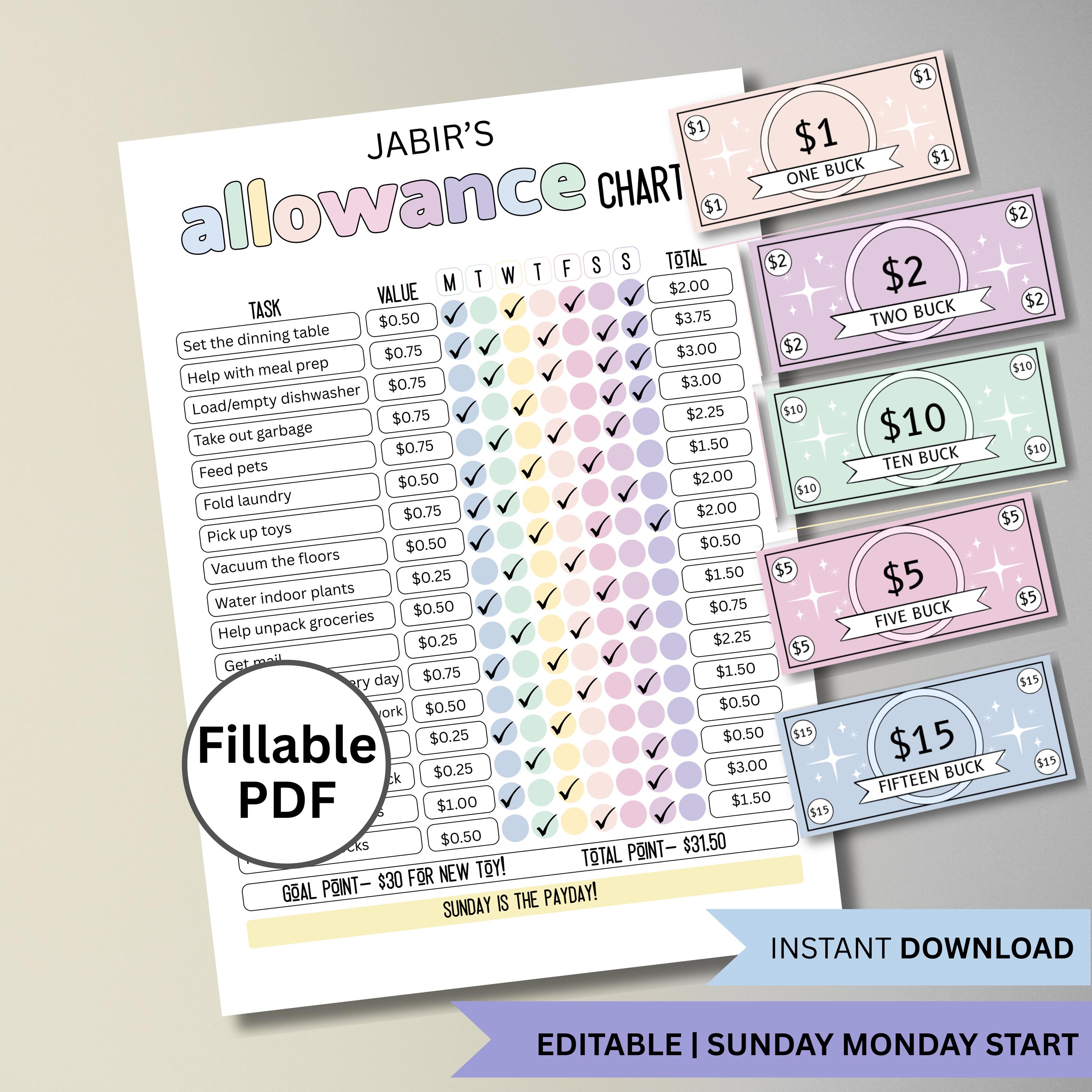Editable Allowance Chore Chart for Teenager, Tweens, Pre-teens, Kids ...