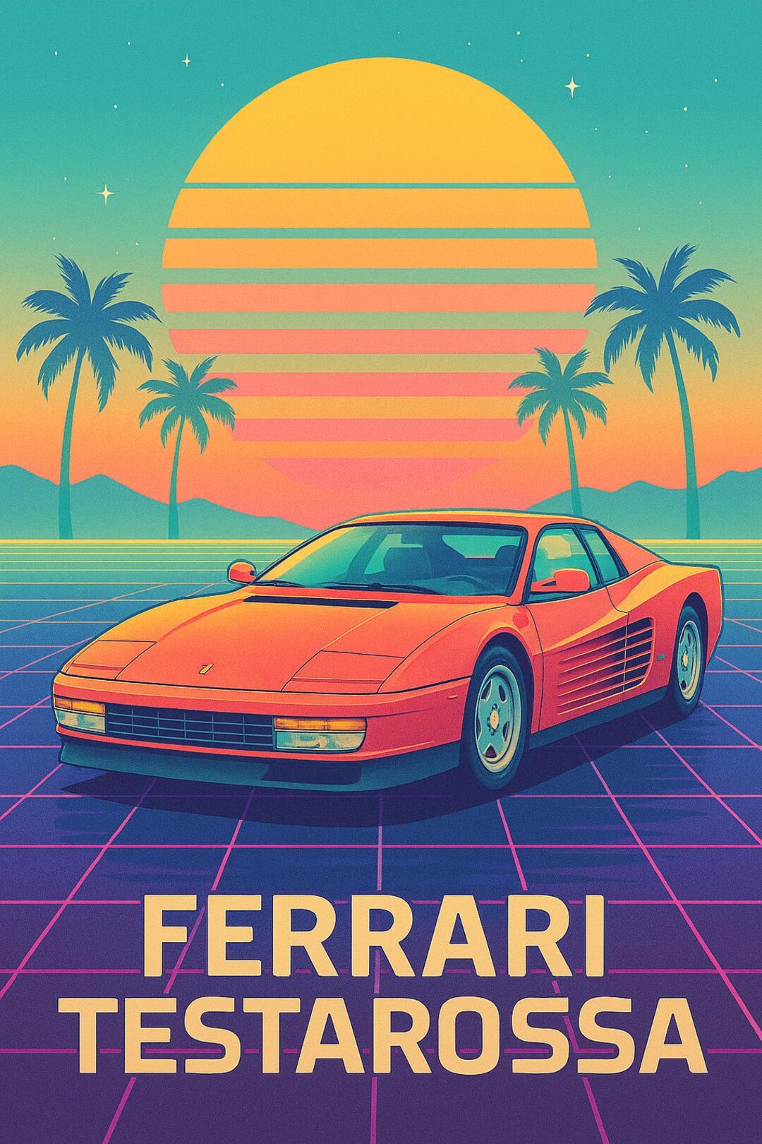 80s Ferrari Testarossa Retro Wave Art | Neon Synthwave Poster ...