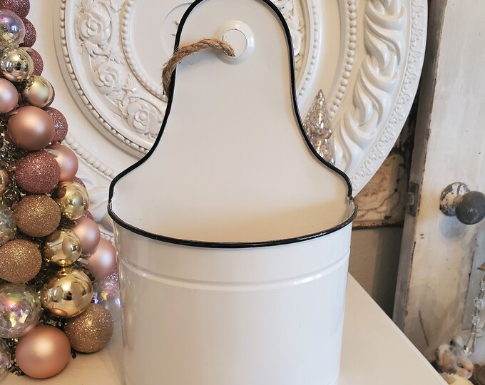 White Enamelware Wall Pocket, Black Trim, Metal Pail, Wall Planter - Etsy