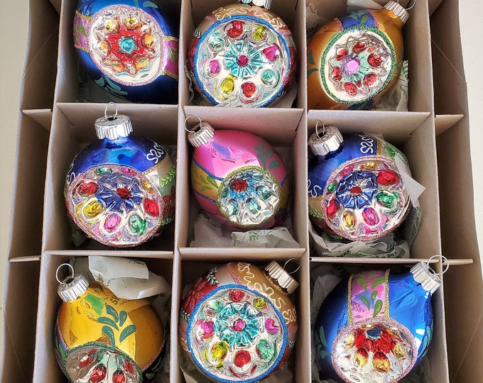 9 Shiny Brite Radko Glass Indent Reflector Ornaments, Original Box ...