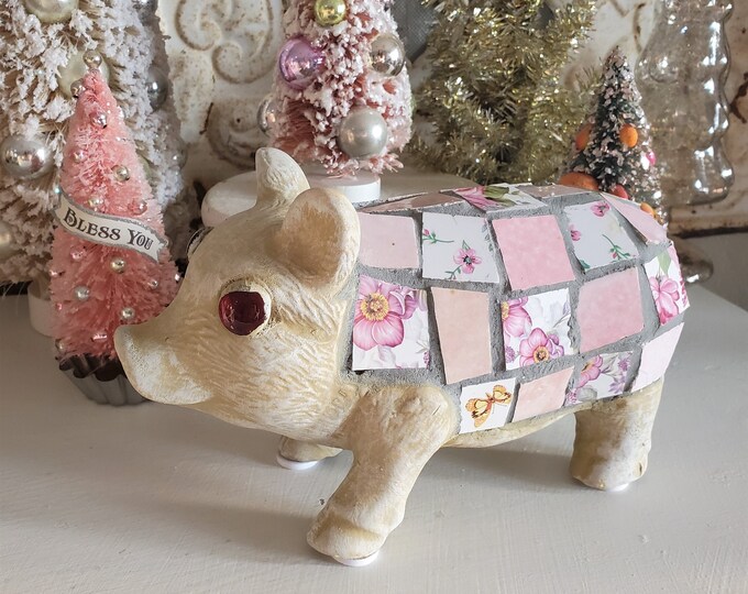 Shabby Toile Tile Pig Statue, Pink Floral Tiles, Piggy Figure, Pig ...